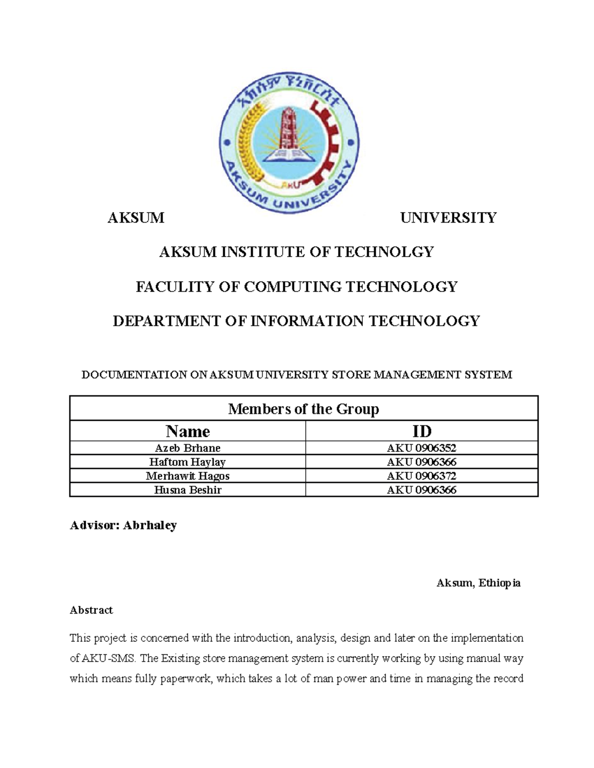 Aksum University - AKSUM UNIVERSITY AKSUM INSTITUTE OF TECHNOLGY ...