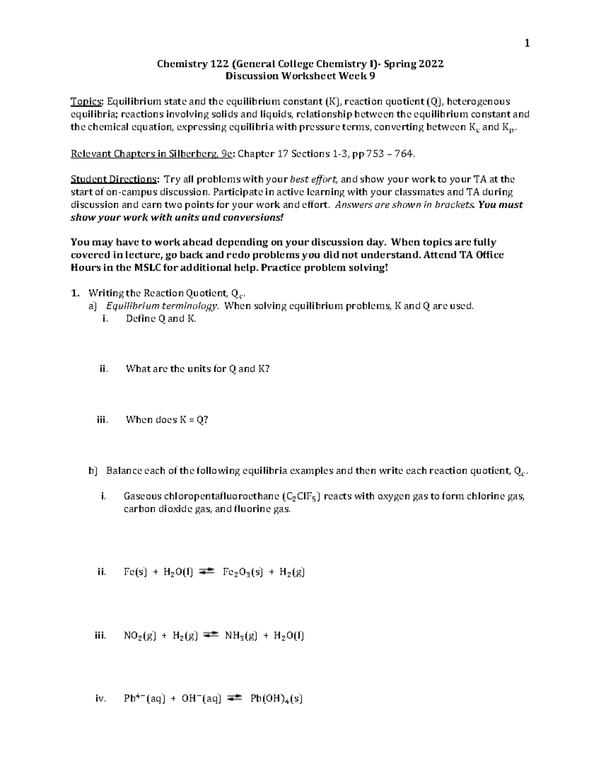 Chem 122 Discussion worksheet week 9 Spring 2022 - 1 Chemistry 122 ...