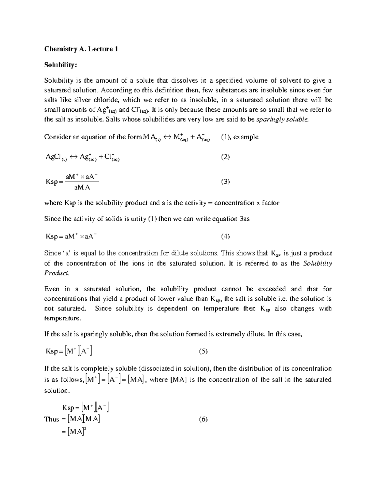 Chemistry A Lecture 1 Solubility - Chemistry A. Lecture 1 Solubility ...