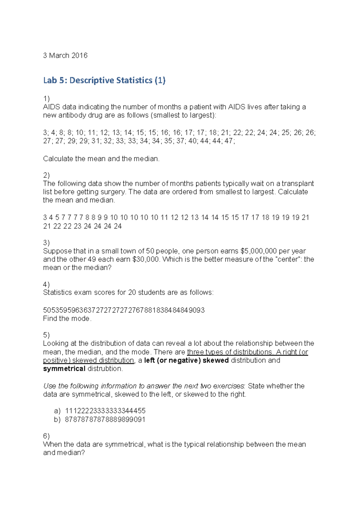 Seminar assignments - Lab 5: descriptive statistics - 3 March 2016 Lab ...