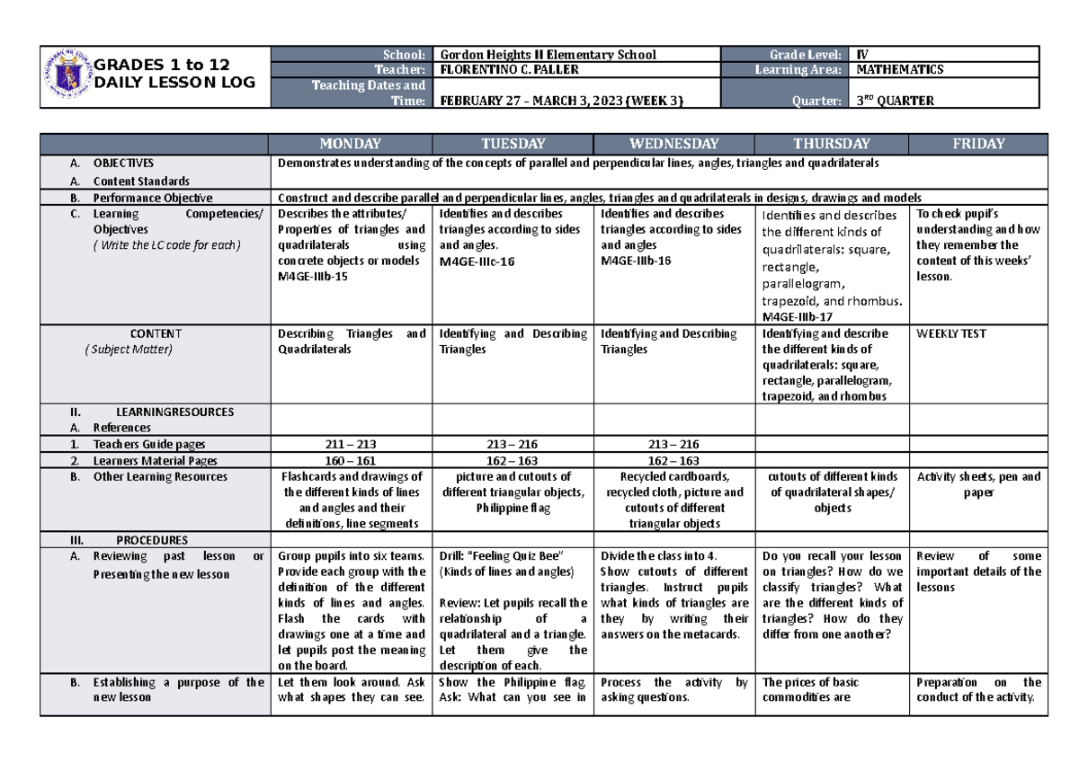 DLL Mathematics 4 Q3 W3 - a guide lesson on my class - GRADES 1 to 12 DAILY LESSON LOG School ...