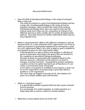 Dev. Bio Mod C notes - Play posits Mod C notes Part 1: Review: Name and ...