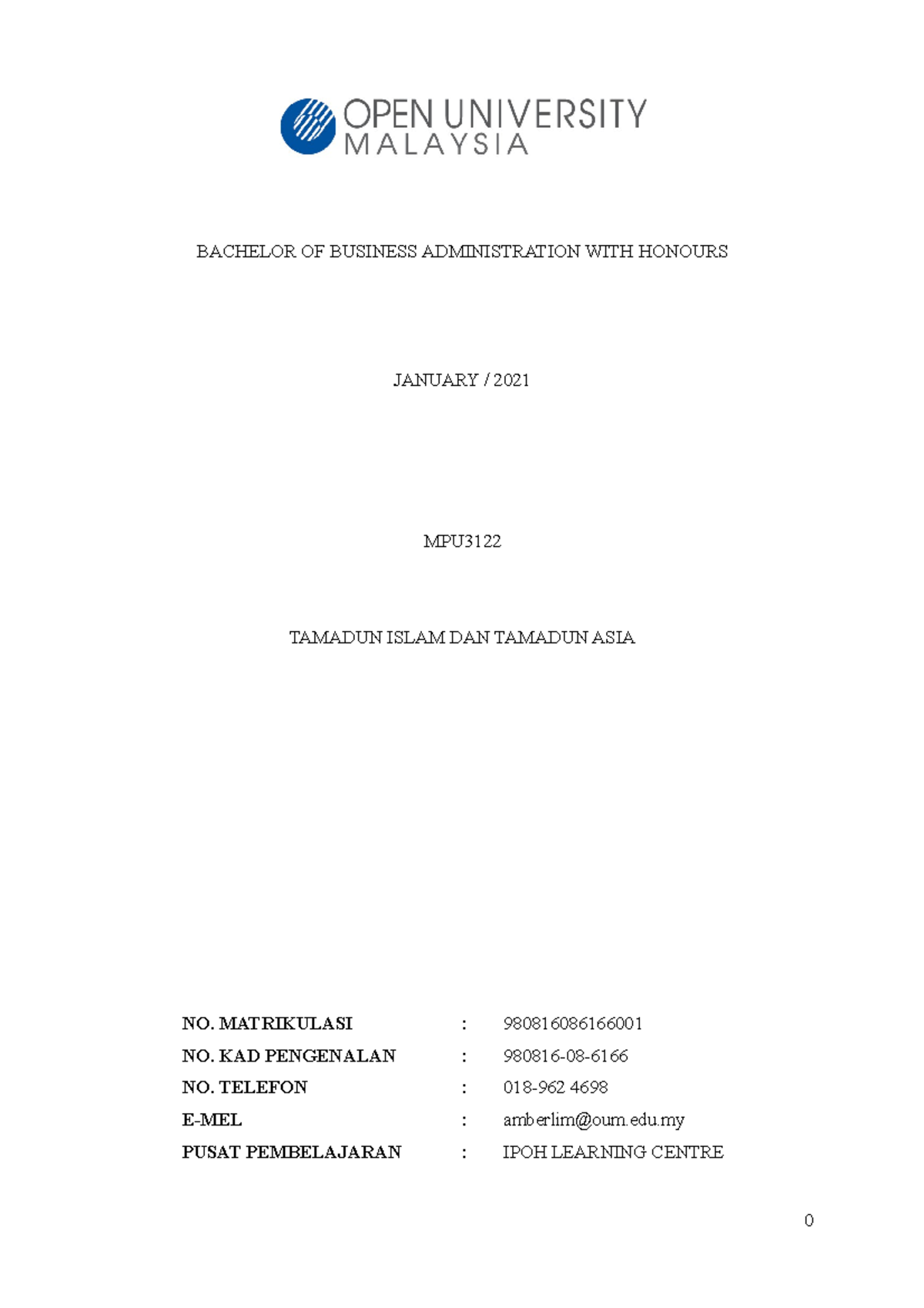 MPU3122 Tamadun Islam Tamadun Asia - BACHELOR OF BUSINESS ADMINISTRATION WITH HONOURS JANUARY ...