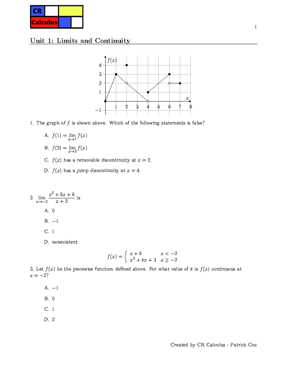 APCalculus ABUnit 1Multiple Choice-1 - Unit 1: Limits and Continuity − ...