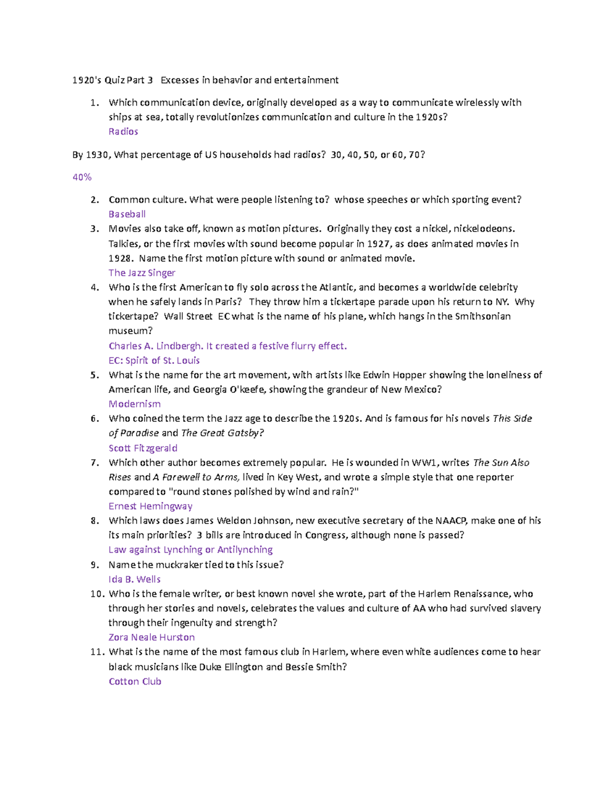 1920s Quiz Part 3 No Answers - 1920's Quiz Part 3 Excesses in behavior ...