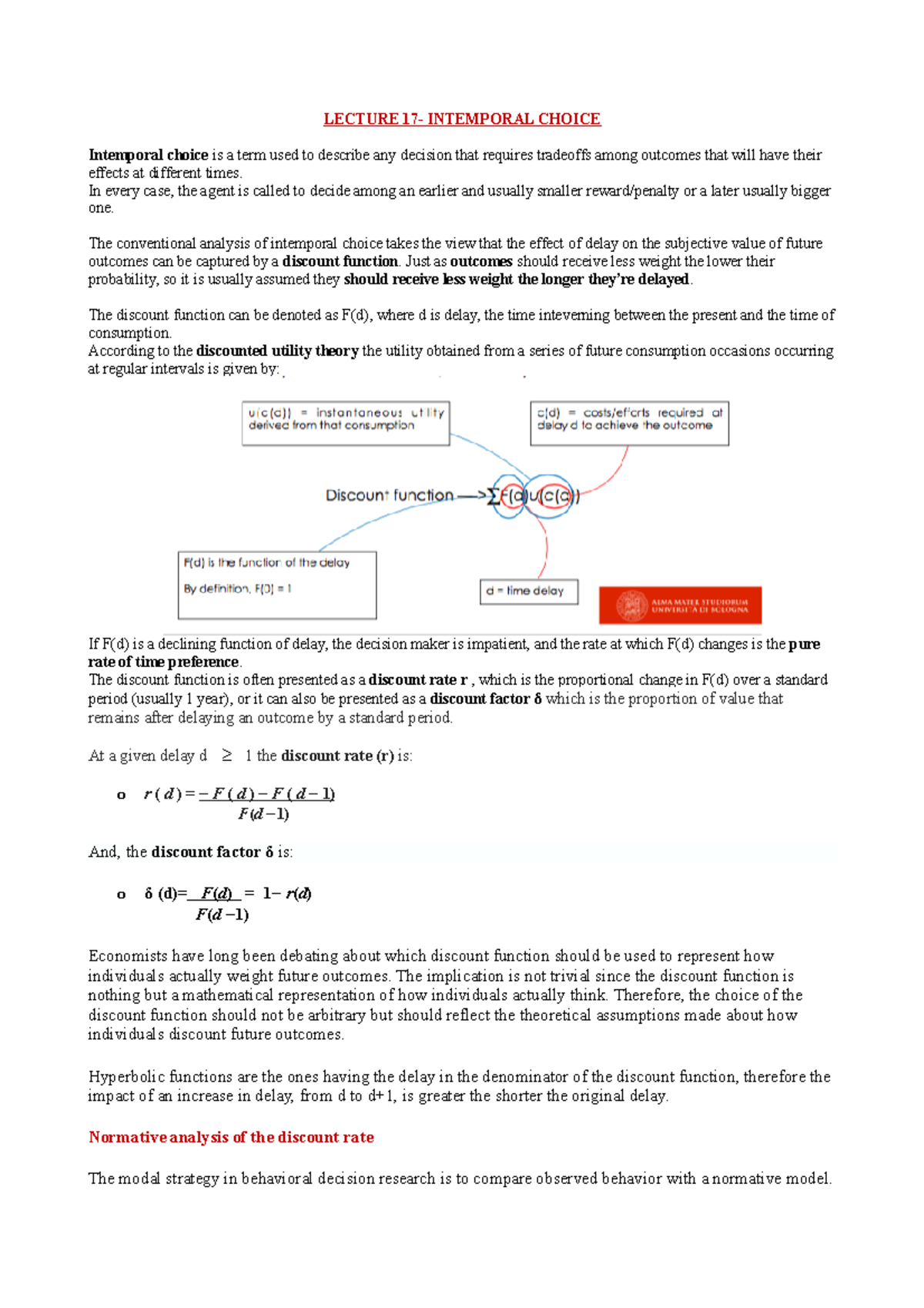 intemporal choices - LECTURE 17- INTEMPORAL CHOICE Intemporal choice is ...