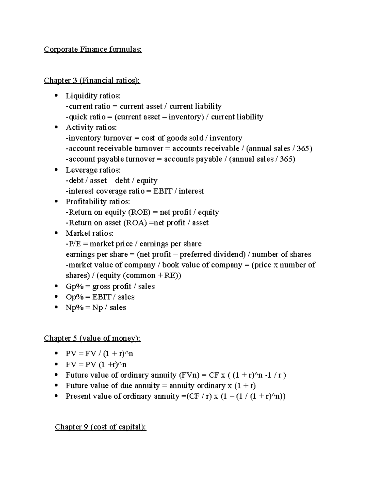 Corporate Finance formulas - Corporate Finance formulas: Chapter 3 ...