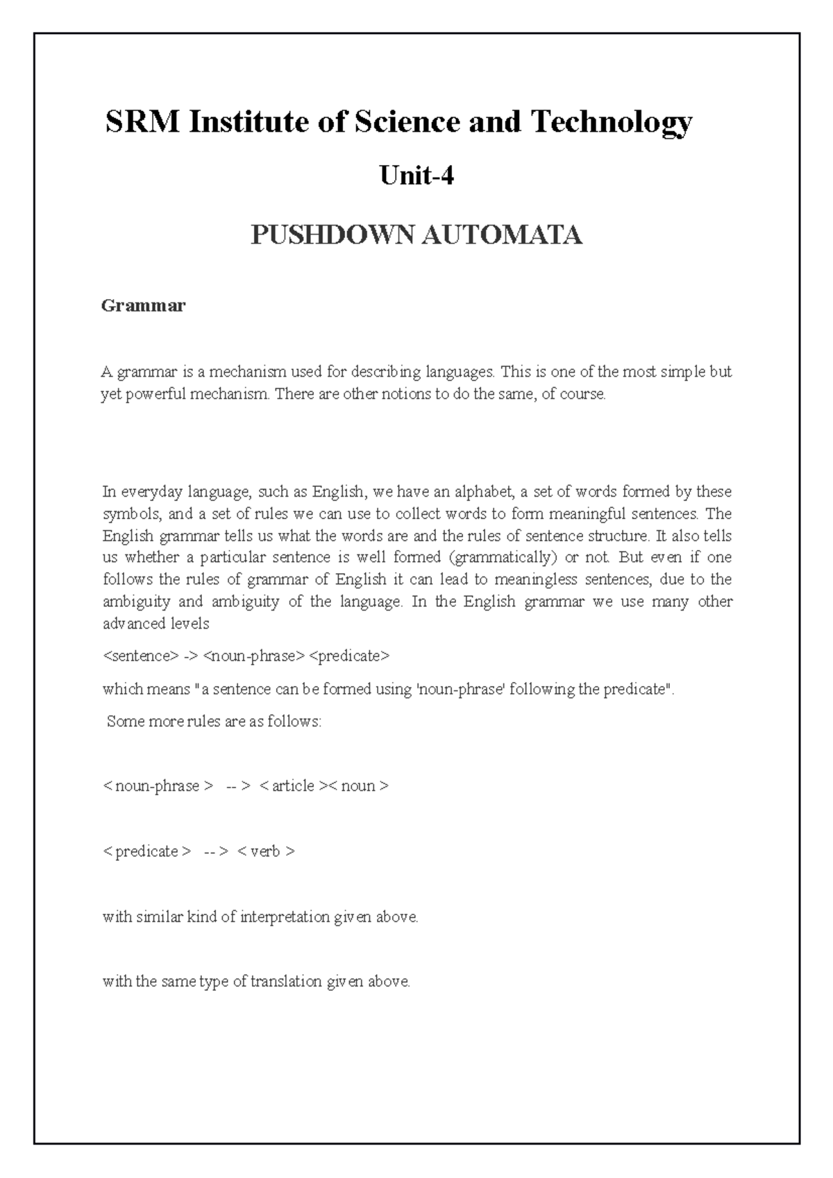 Pushdown Automata - Shayam singh - SRM Institute of Science and Technology Unit- PUSHDOWN ...
