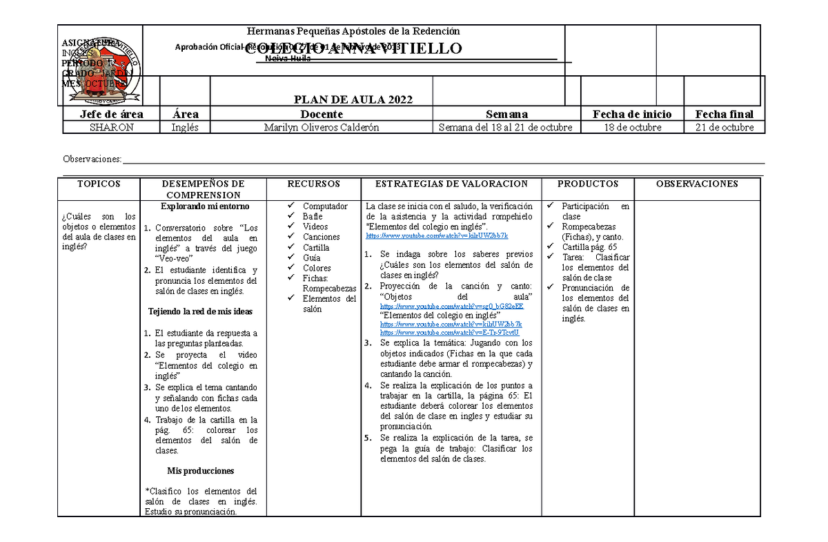 PLAN DE AULA Jardín Octubre [OK] - Jefe de área Área Docente Semana ...