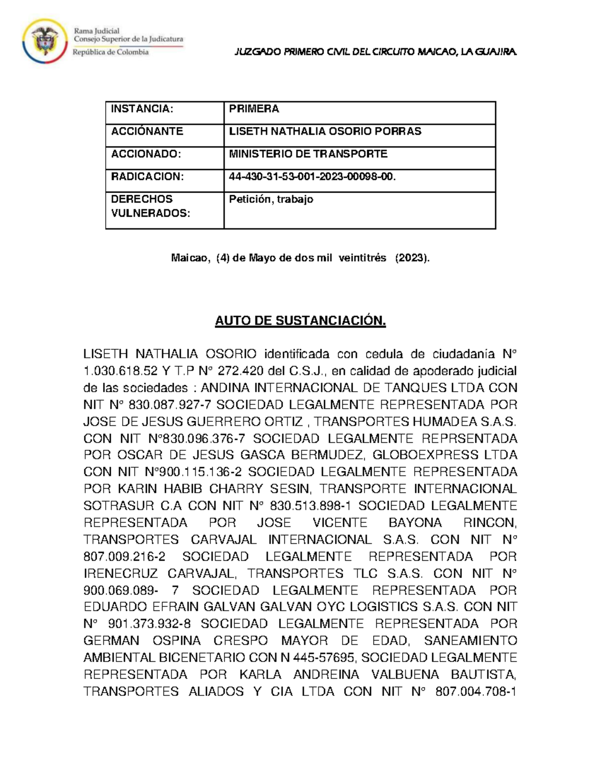Auto-admisorio-1 - Para estudiar para examen - INSTANCIA: PRIMERA ...