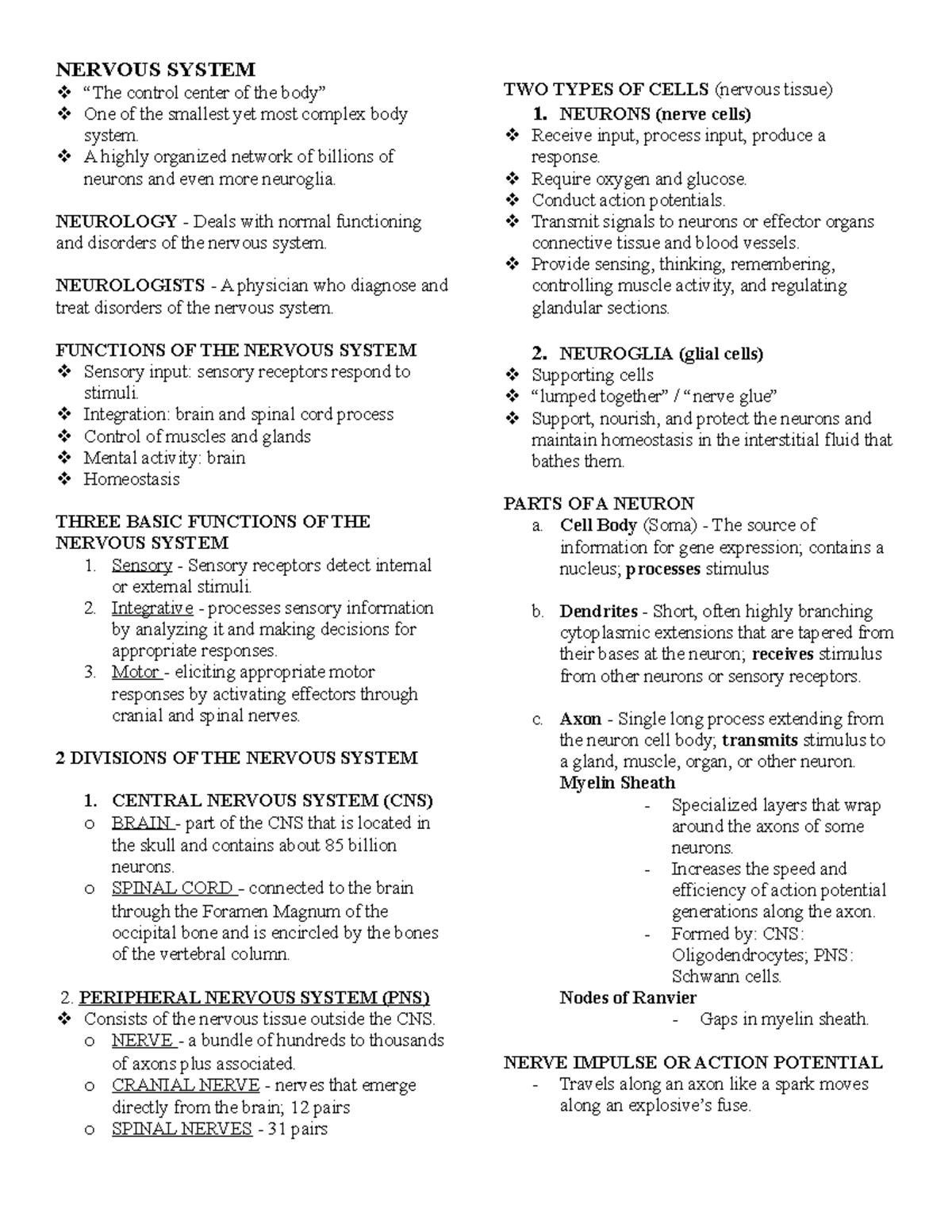Nervous System - MIDTERMS - NERVOUS SYSTEM “The control center of the ...