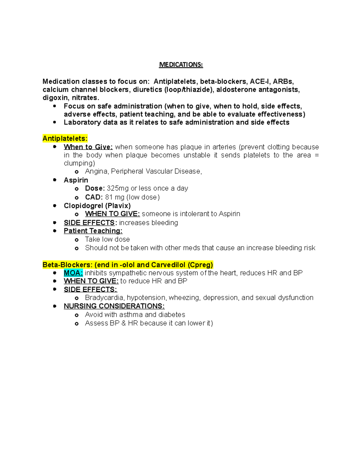 Adults I Medication Study Guide Exam 2 - MEDICATIONS: Medication ...