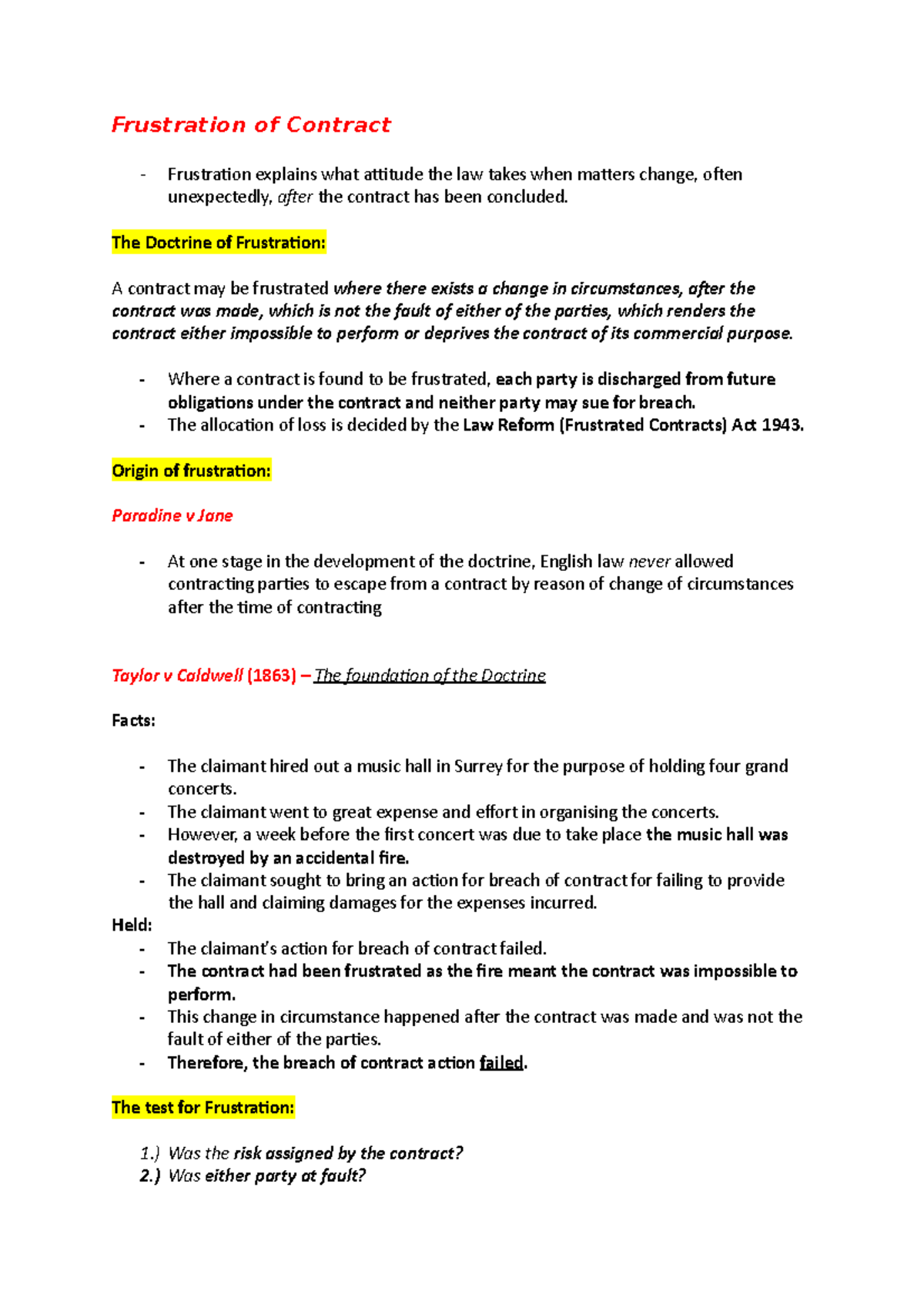 10.) Frustration of Contract - Frustration of Contract Frustration ...