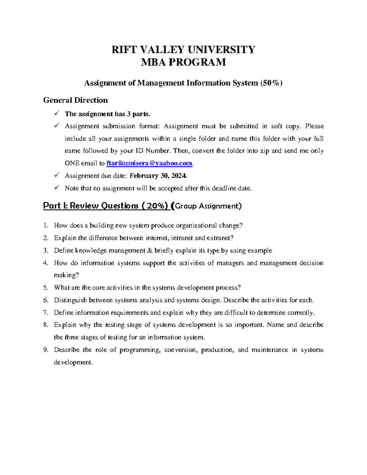 MBA MIS Assigment - RIFT VALLEY UNIVERSITY MBA PROGRAM Assignment of ...