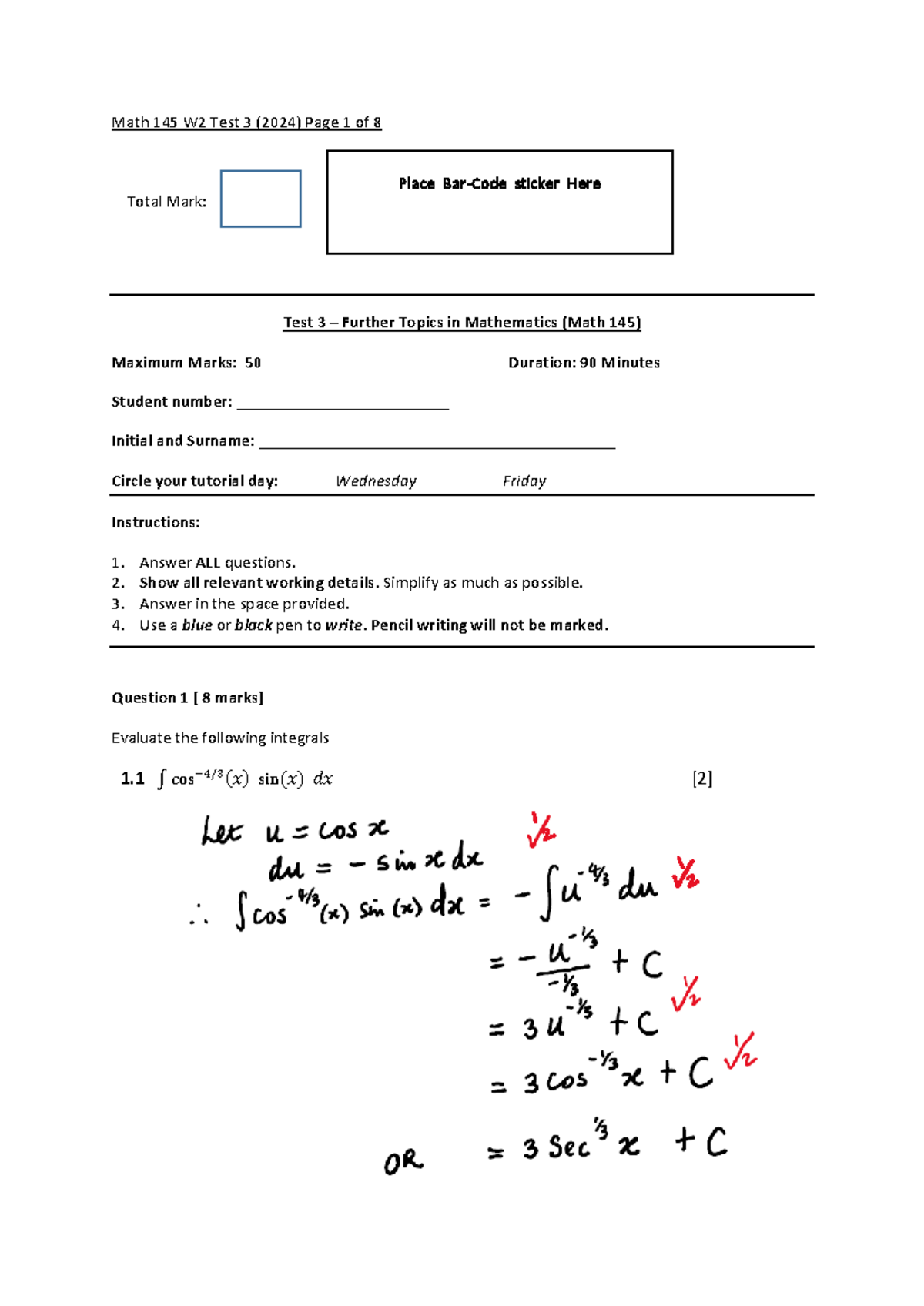Test 3- Math145-2024 Memo (corrected) - Total Mark: Test 3 – Further ...