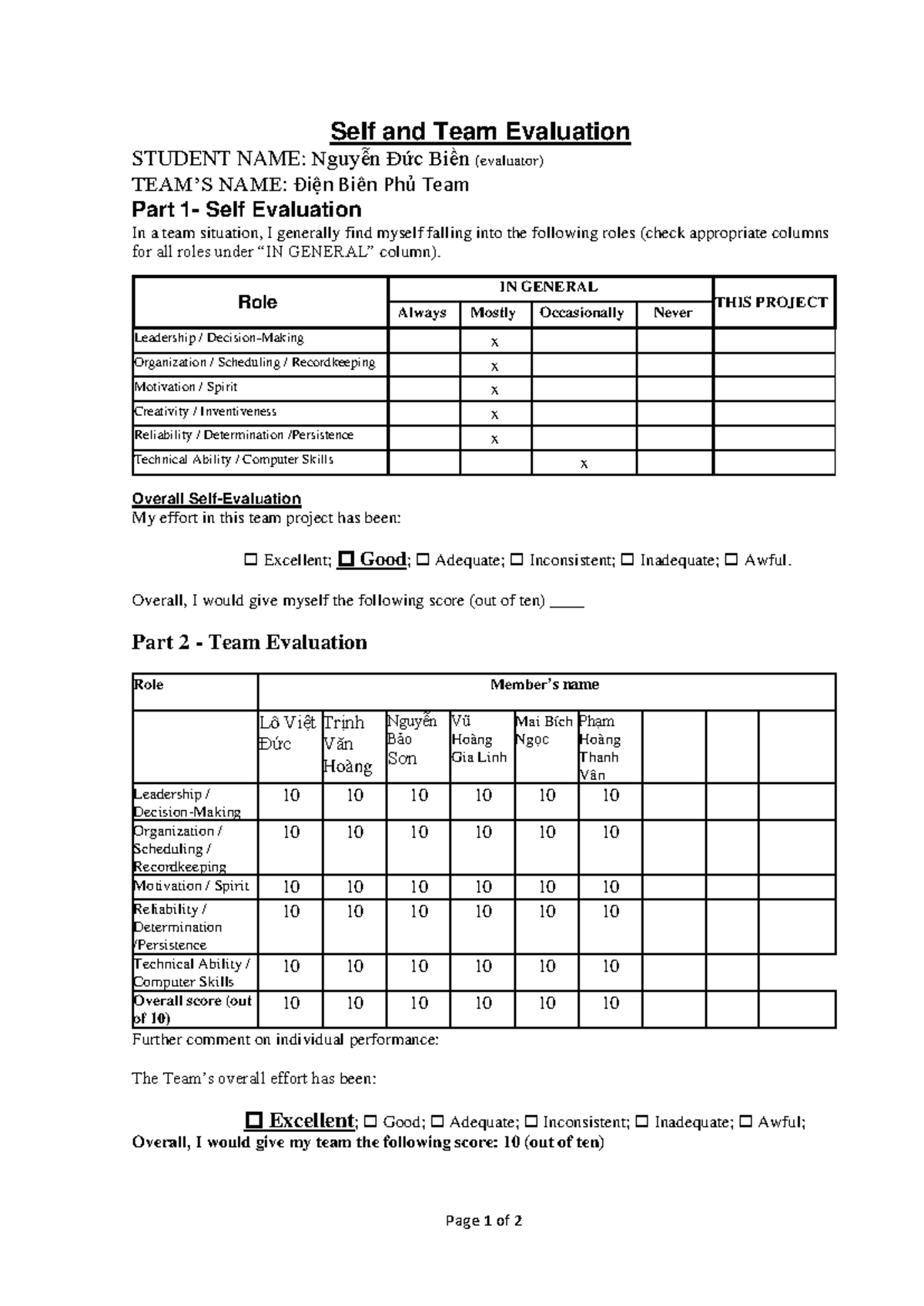 Self and Team Evaluation (QTSP) - Page 1 of 2 Self and Team Evaluation ...