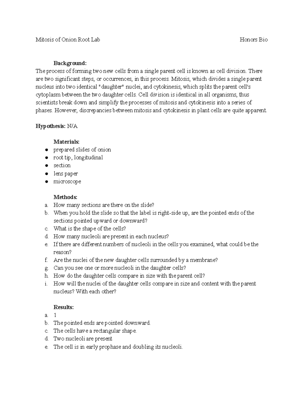Mitosis of Onion Root Lab write up - Mitosis of Onion Root Lab Honors ...