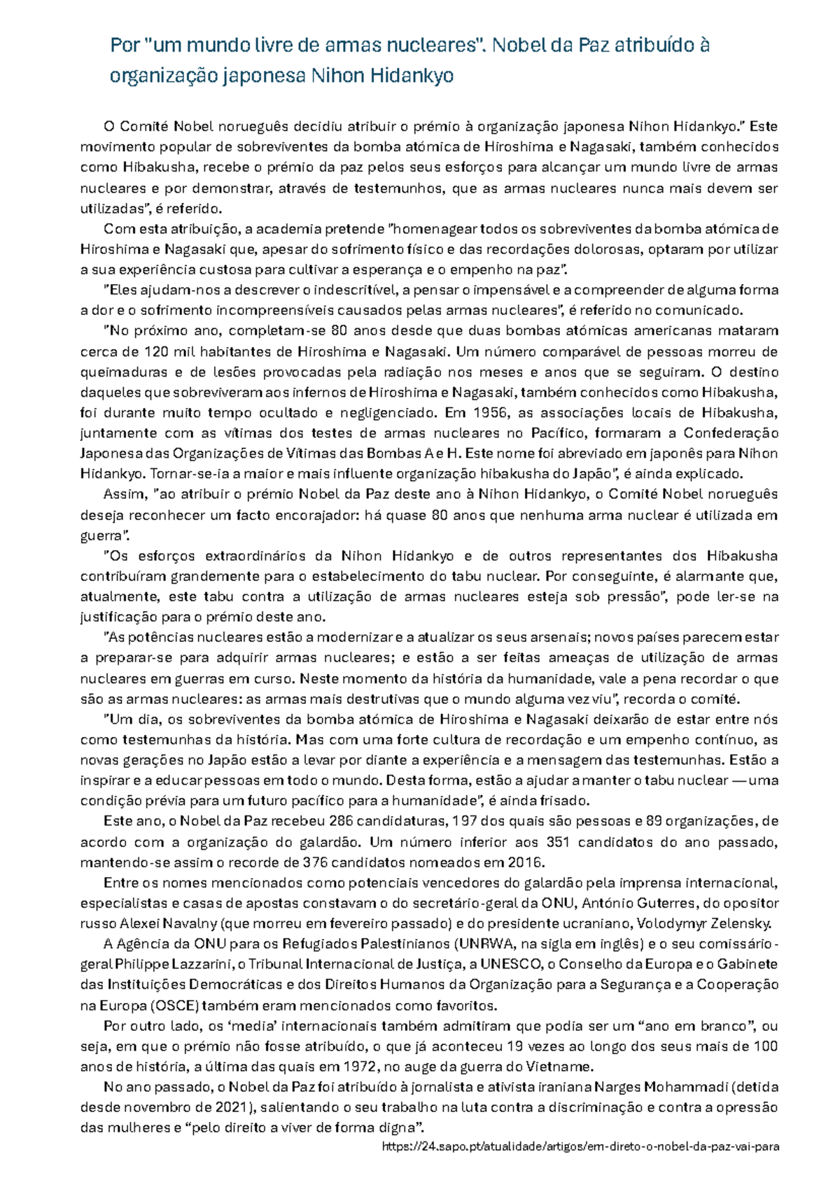 Nobel da paz - ioioo - Por "um mundo livre de armas nucleares". Nobel ...