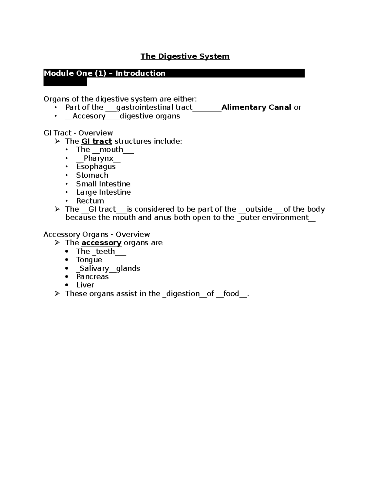 Digestive System - Fill-IN Notes 1 - The Digestive System Module One (1 ...