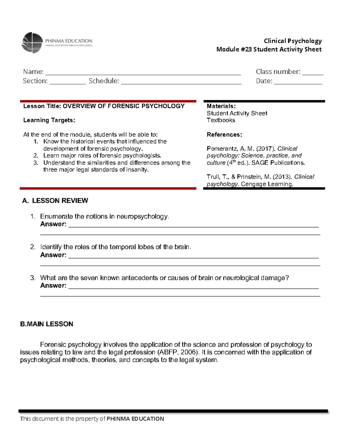 SAS Module 23 Overview of Forensic Psychology - Module # 23 Student Activity Sheet Name: - Studocu