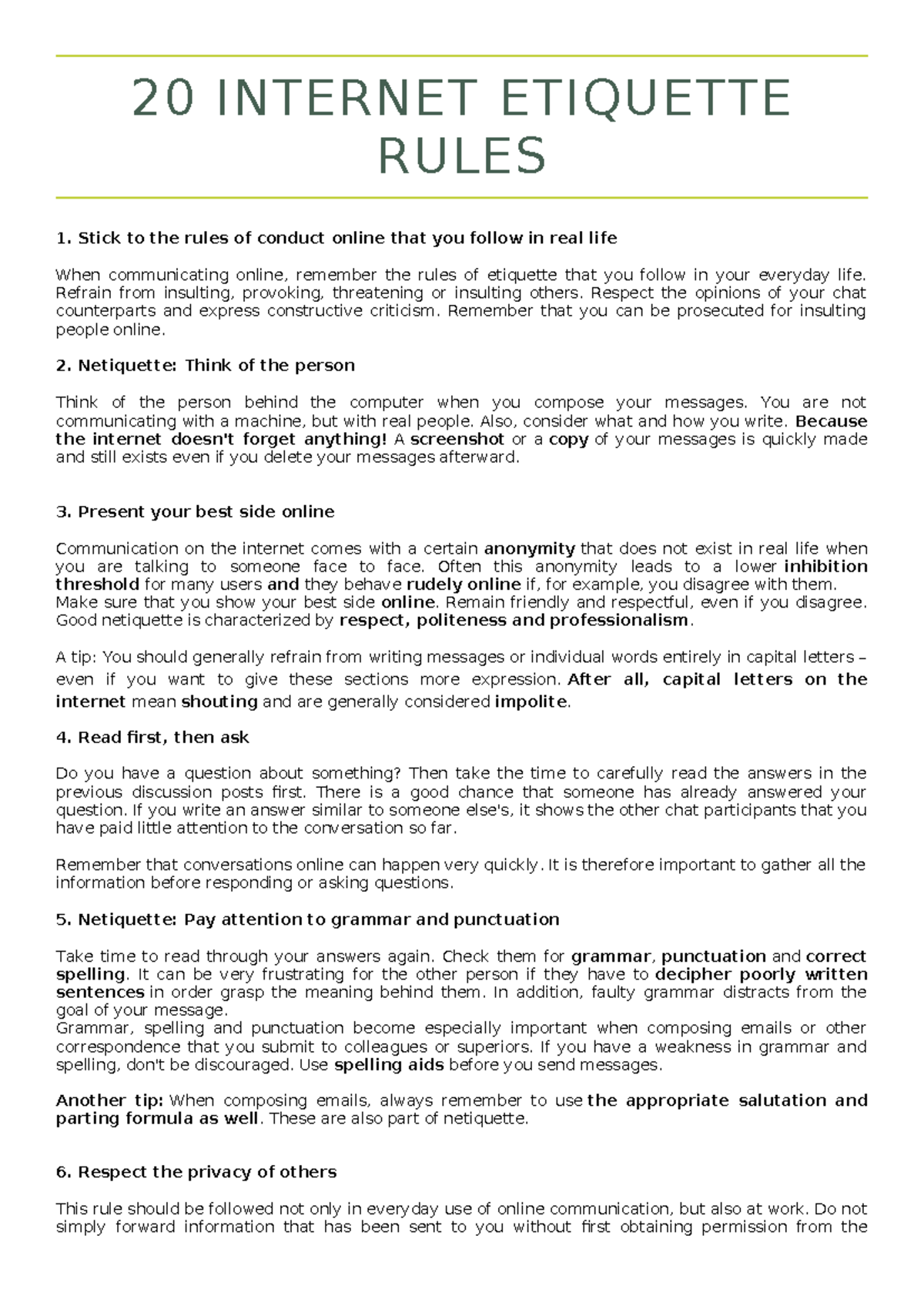 20 Internet Etiquette Rules - 20 INTERNET ETIQUETTE RULES Stick to the ...