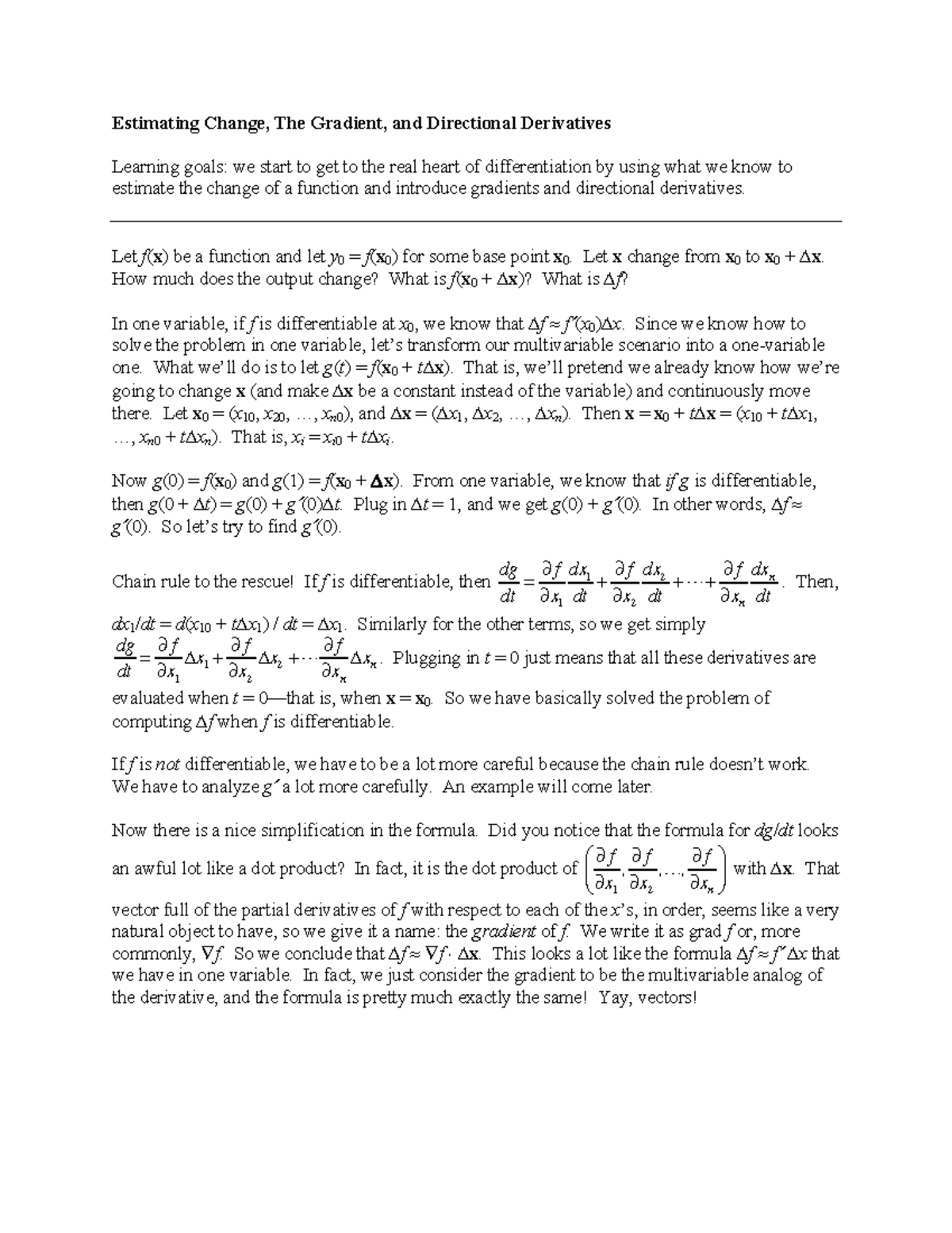 Notes 24-Estimating Change, Gradients - Estimating Change, The Gradient ...