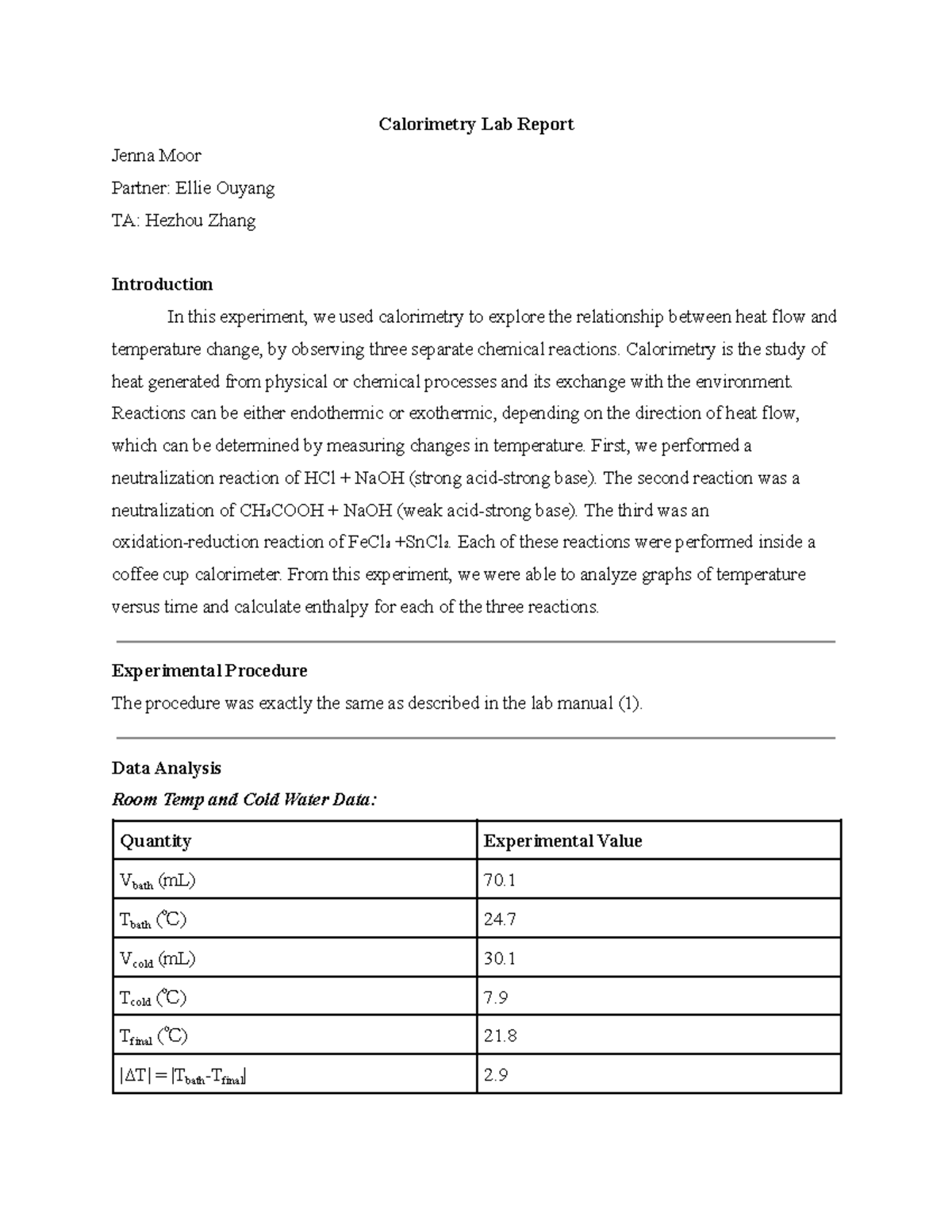 Calorimetry Lab Report - Calorimetry Lab Report Jenna Moor Partner ...
