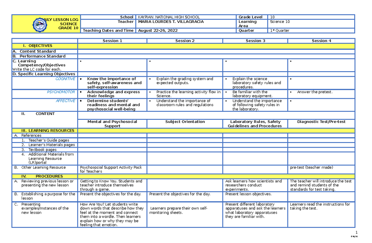 25899832 - Hhhhhh - DAILY LESSON LOG SCIENCE GRADE 10 School KAYPIAN ...