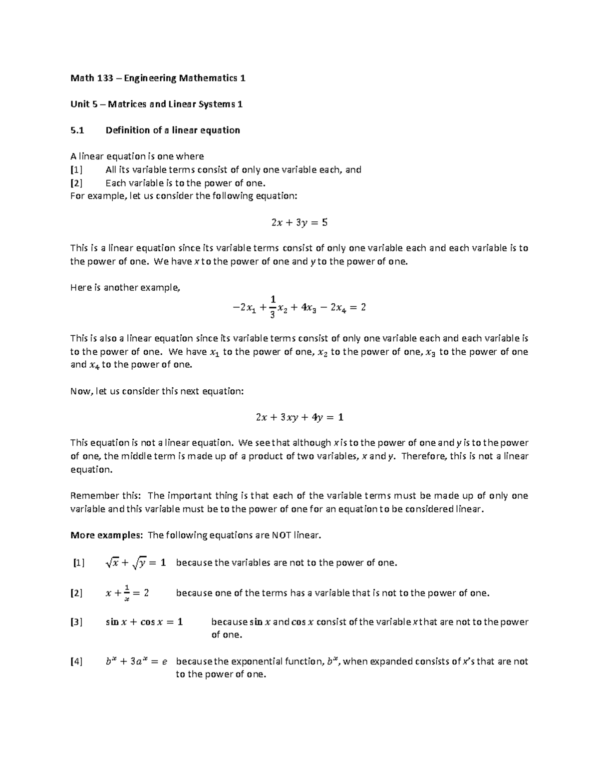 Math 133 - Unit 5 Matrices and Linear Systems 1 - Math 133 ...