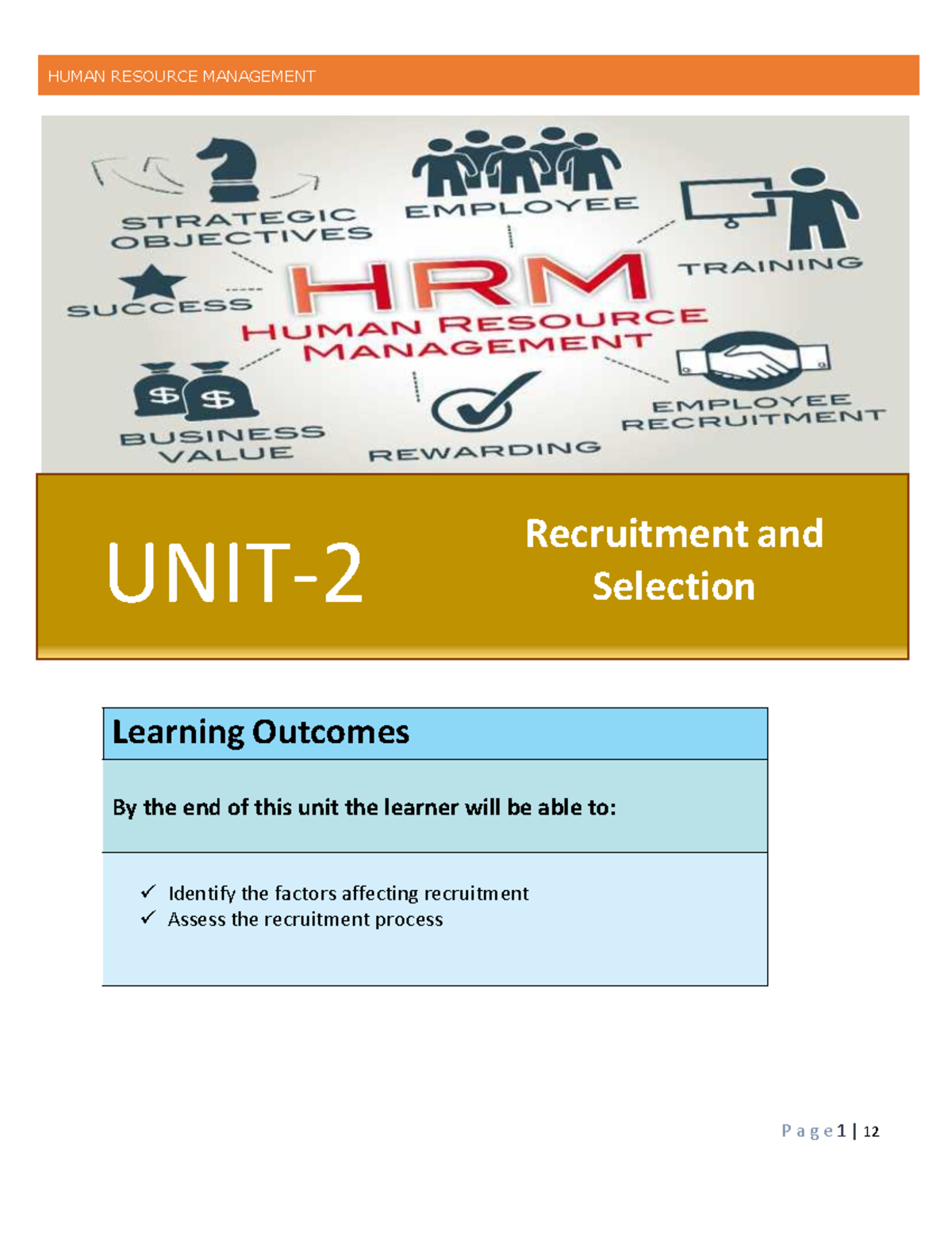 UNIT 2 - Notes - 3 UNIT- Recruitment and Selection Learning Outcomes By ...