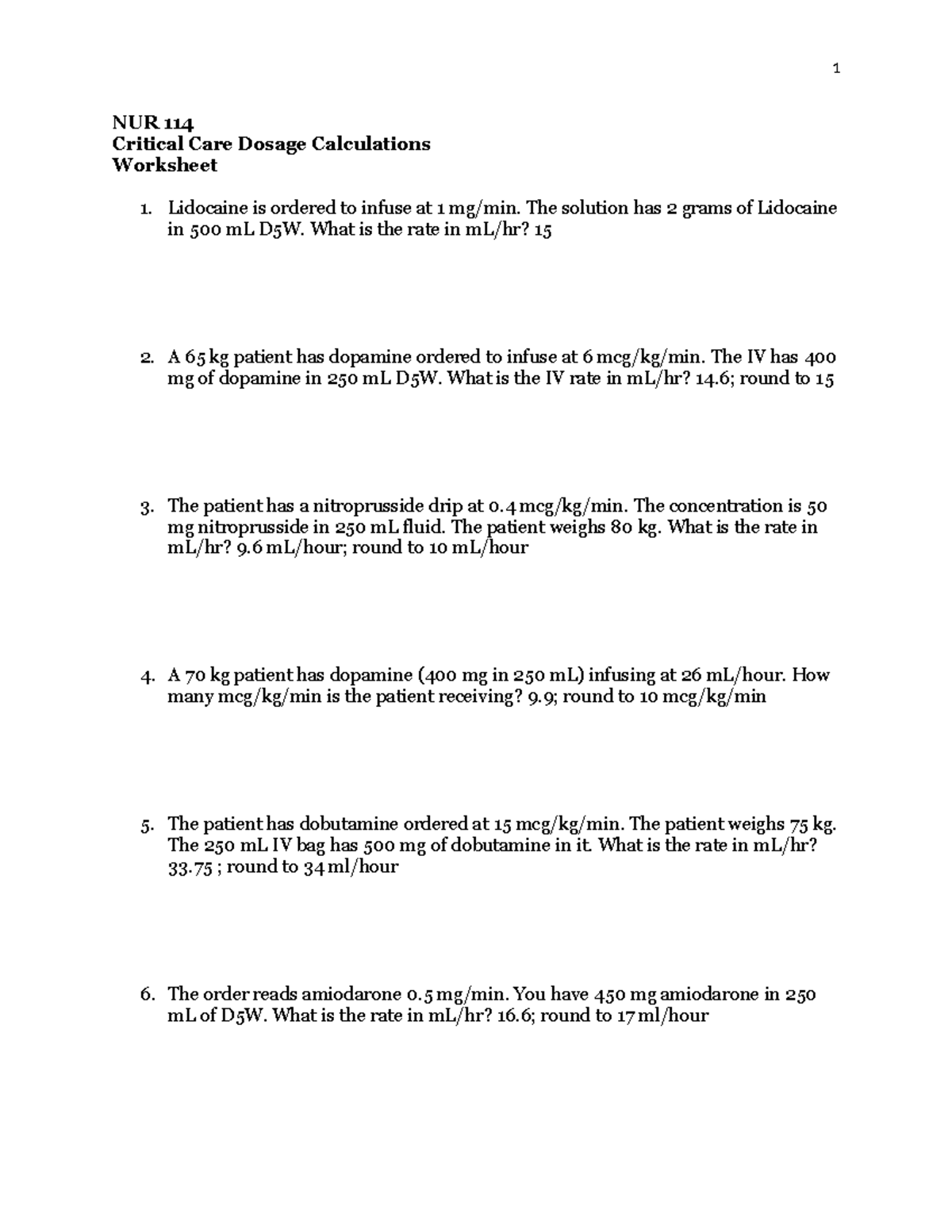 NUR 114 Critical Care Math Worksheet - 1 NUR 114 Critical Care Dosage ...