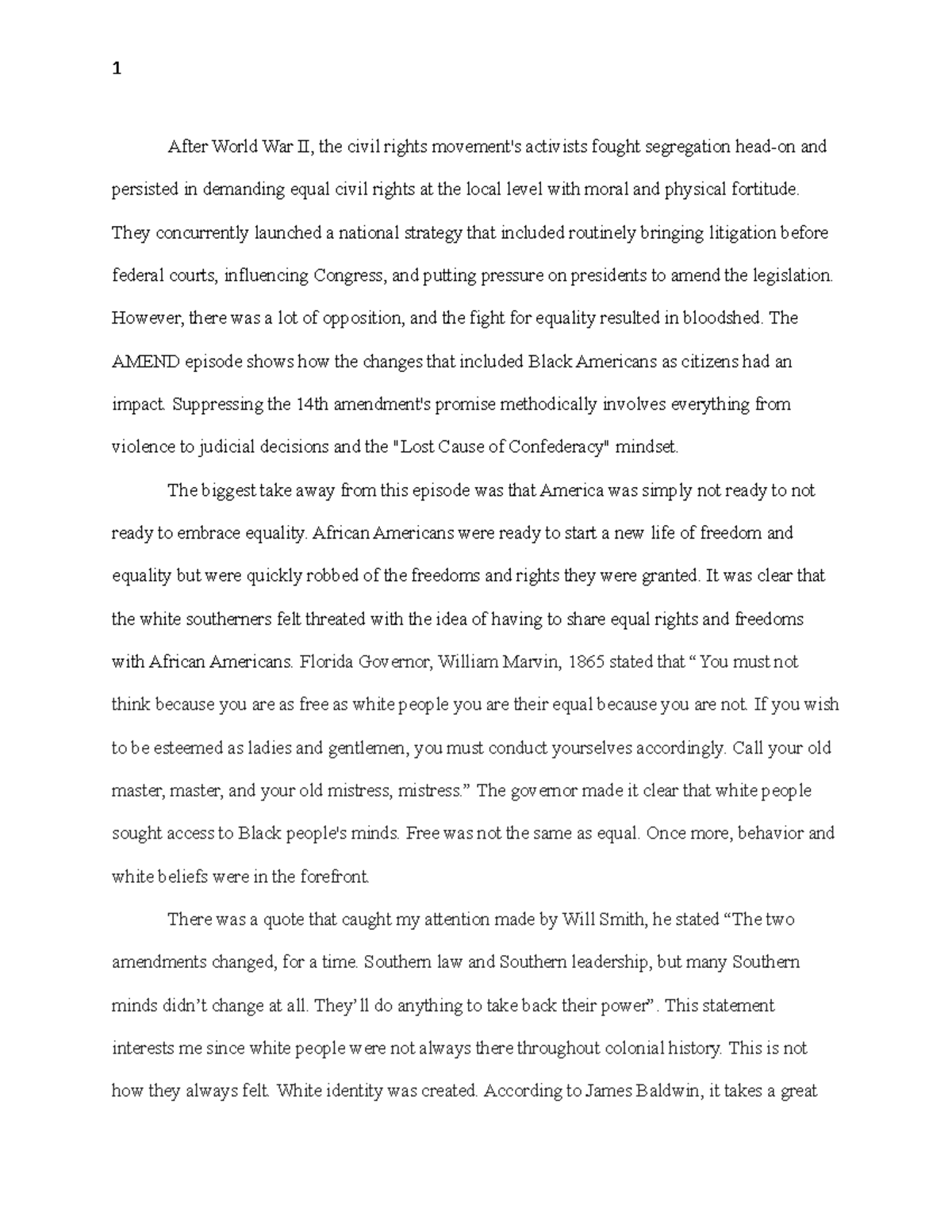 Amend 2 Response - 1 After World War II, the civil rights movement's ...