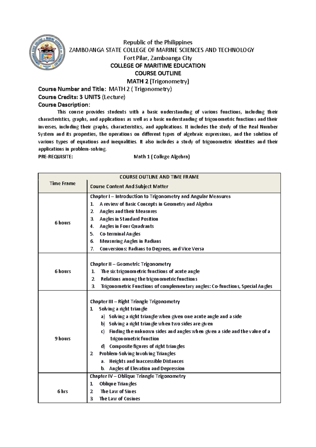 MATH2 Course Outline - Trigonometry - Republic of the Philippines ...