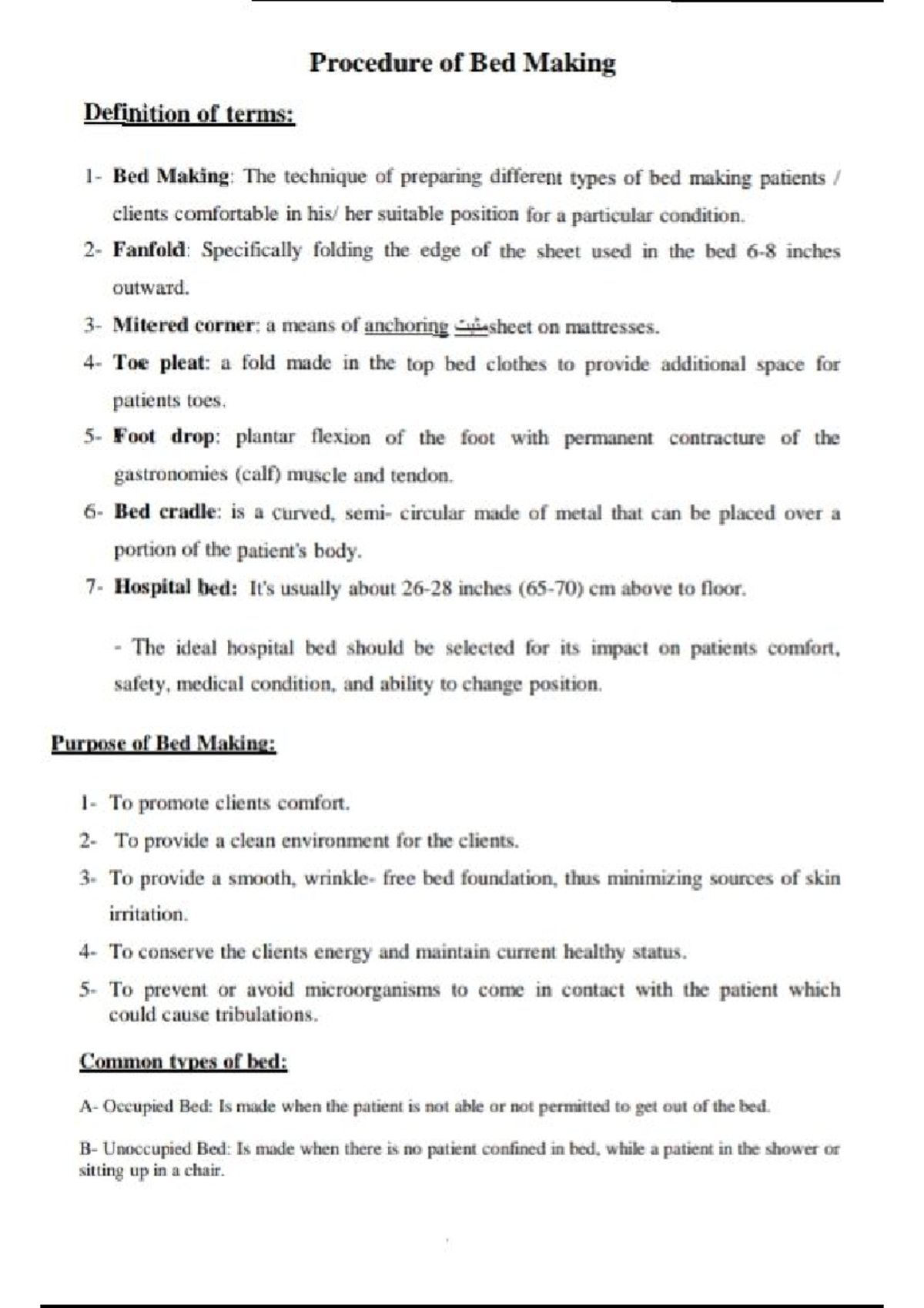 Bed making - Nursing foundation - Bsc.nursing - Studocu