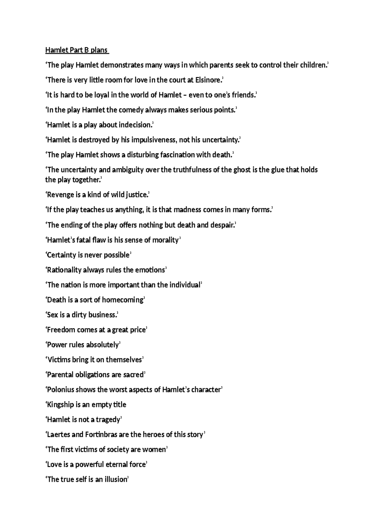 Hamlet Part B plans - Hamlet Part B plans ‘The play Hamlet demonstrates ...