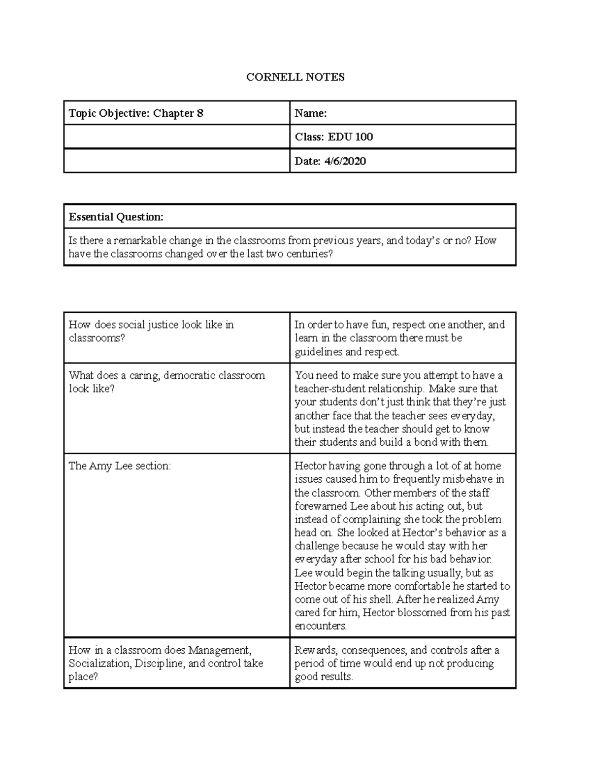 EDU 100- C.N. Ch 8 - CORNELL NOTES Topic Objective: Chapter 8 Name ...