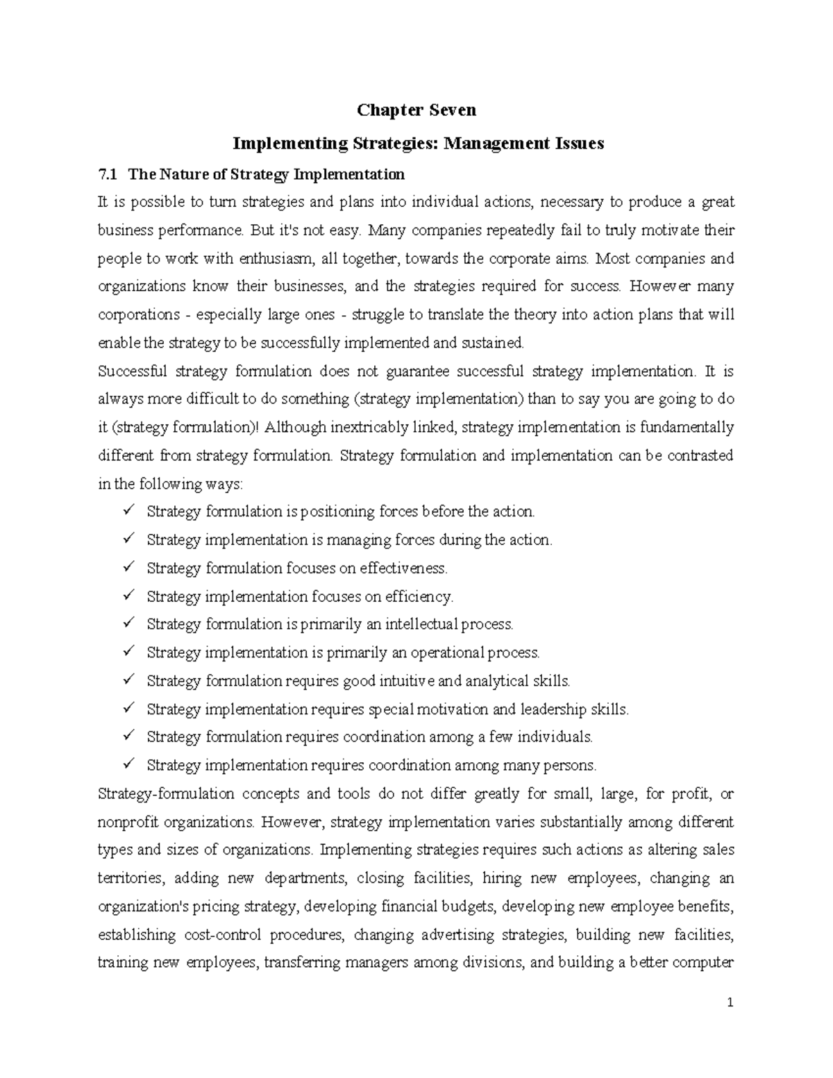 SM Chapter 7 - strategic Mamagement - Chapter Seven Implementing ...