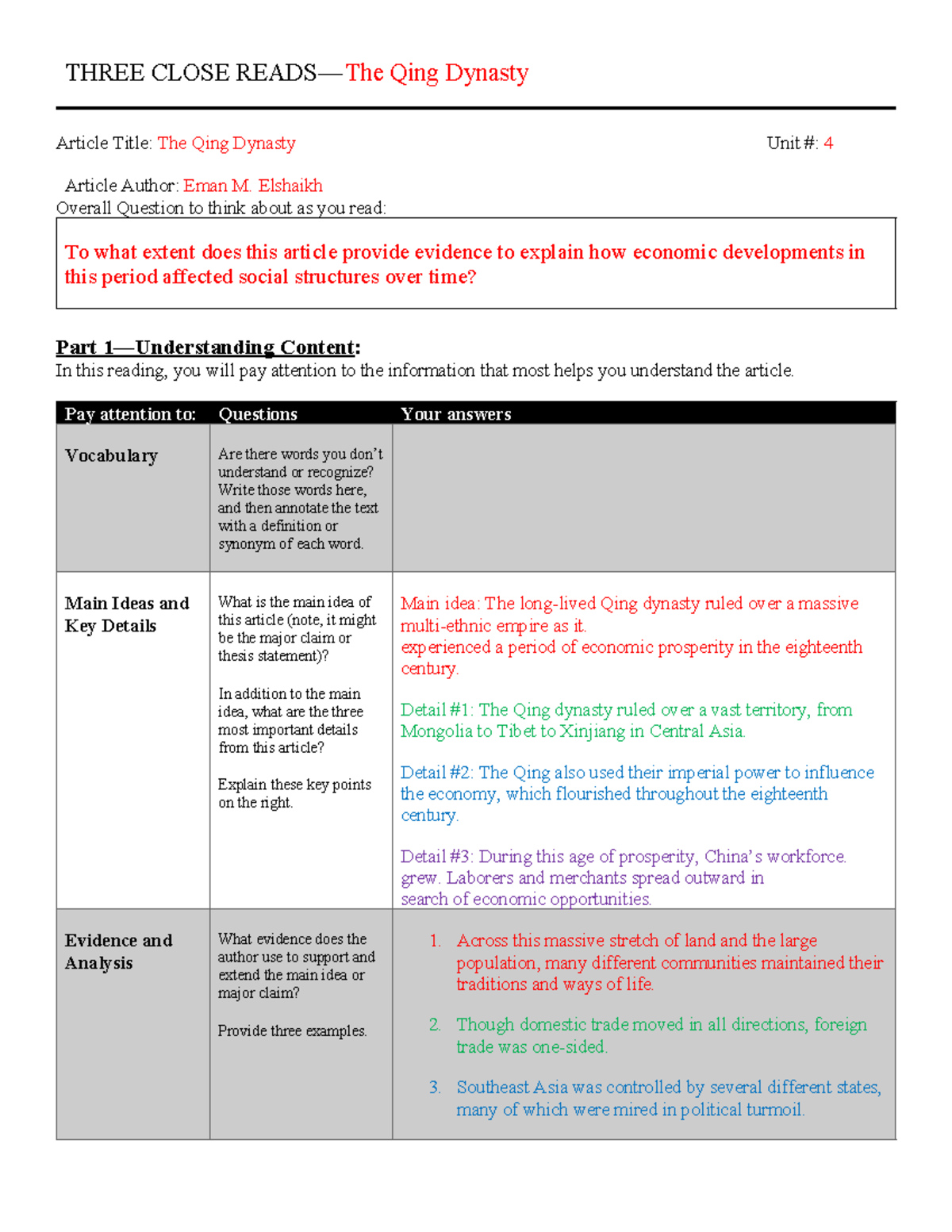 THE QING Dynasty Worksheet - THREE CLOSE READS—The Qing Dynasty Article ...