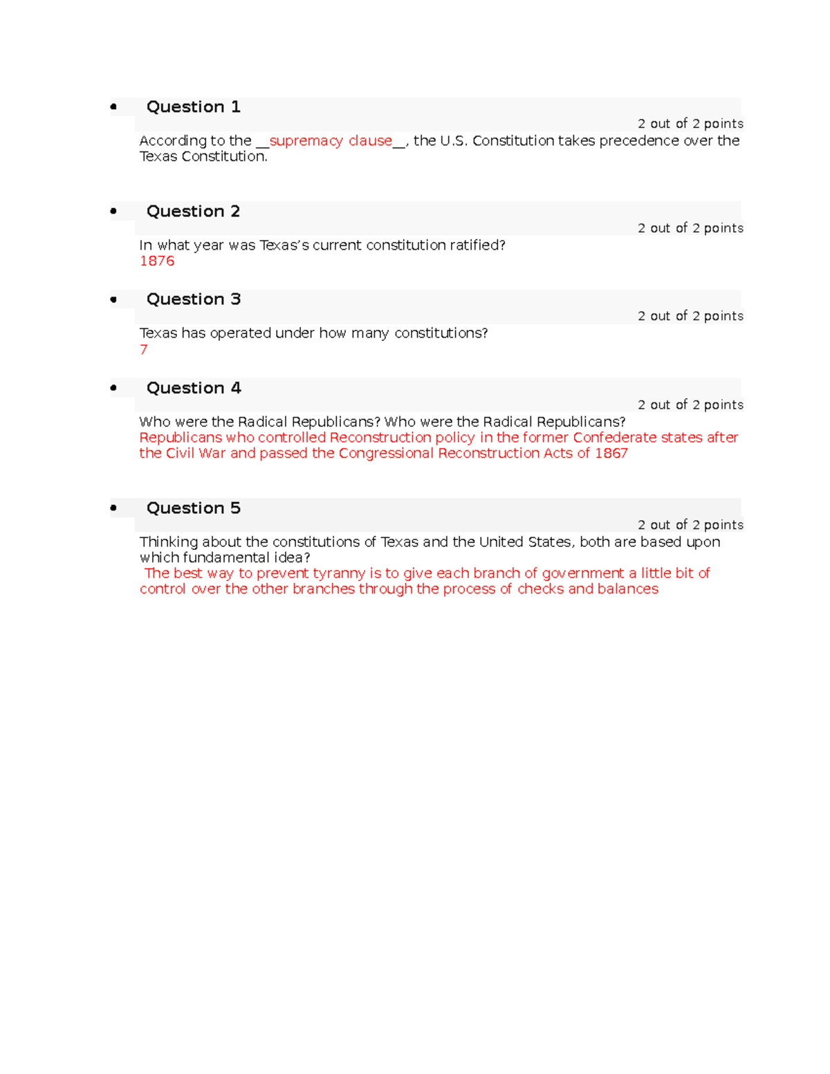 Quiz 2 - good - Question 1 2 out of 2 points According to the supremacy clause, the U. - Studocu