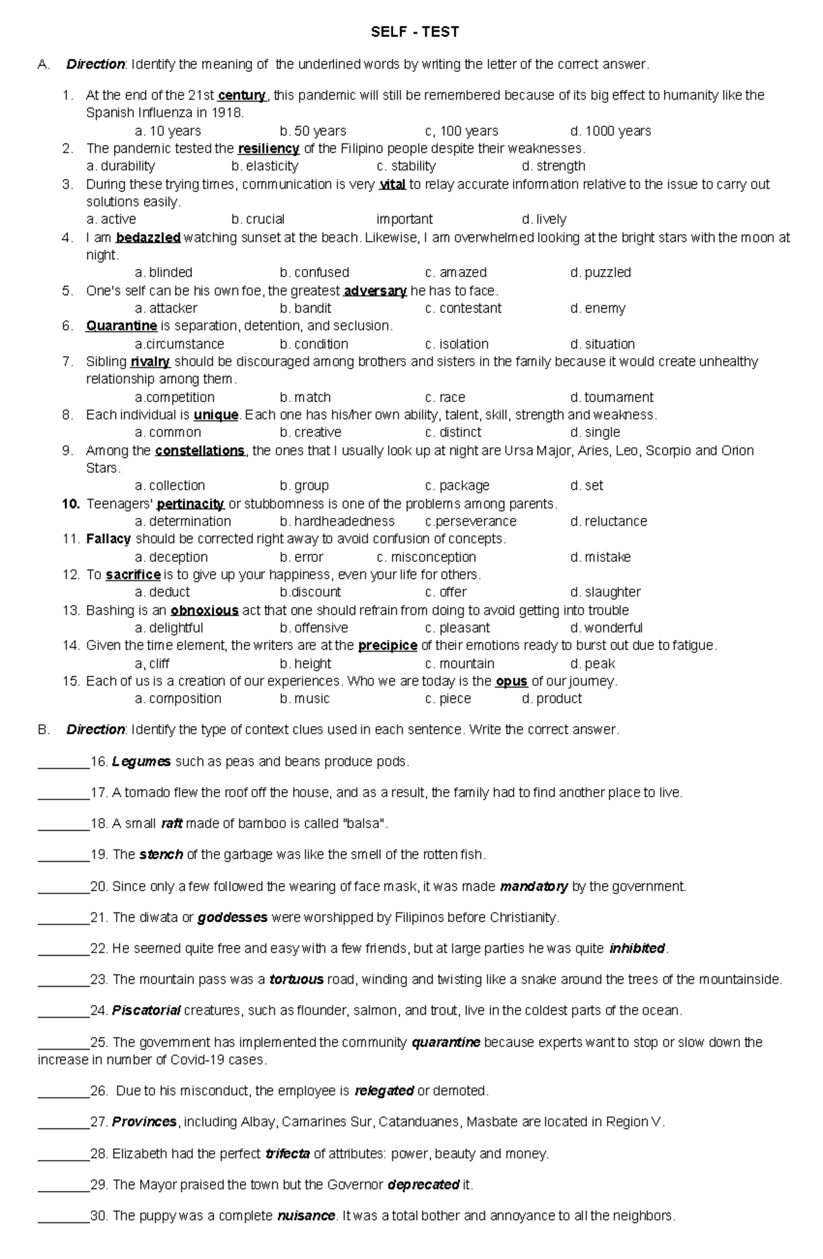 SELF - TEST Grade 8 - assignments - SELF - TEST A. Direction: Identify ...