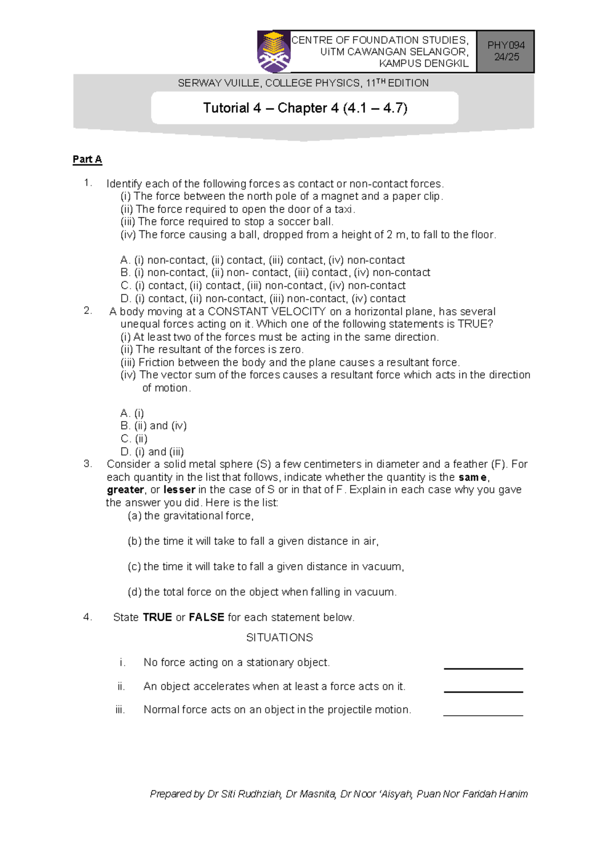 Tutorial 4 Students - exercise for PHY094 chapter 4 - Prepared by Dr ...
