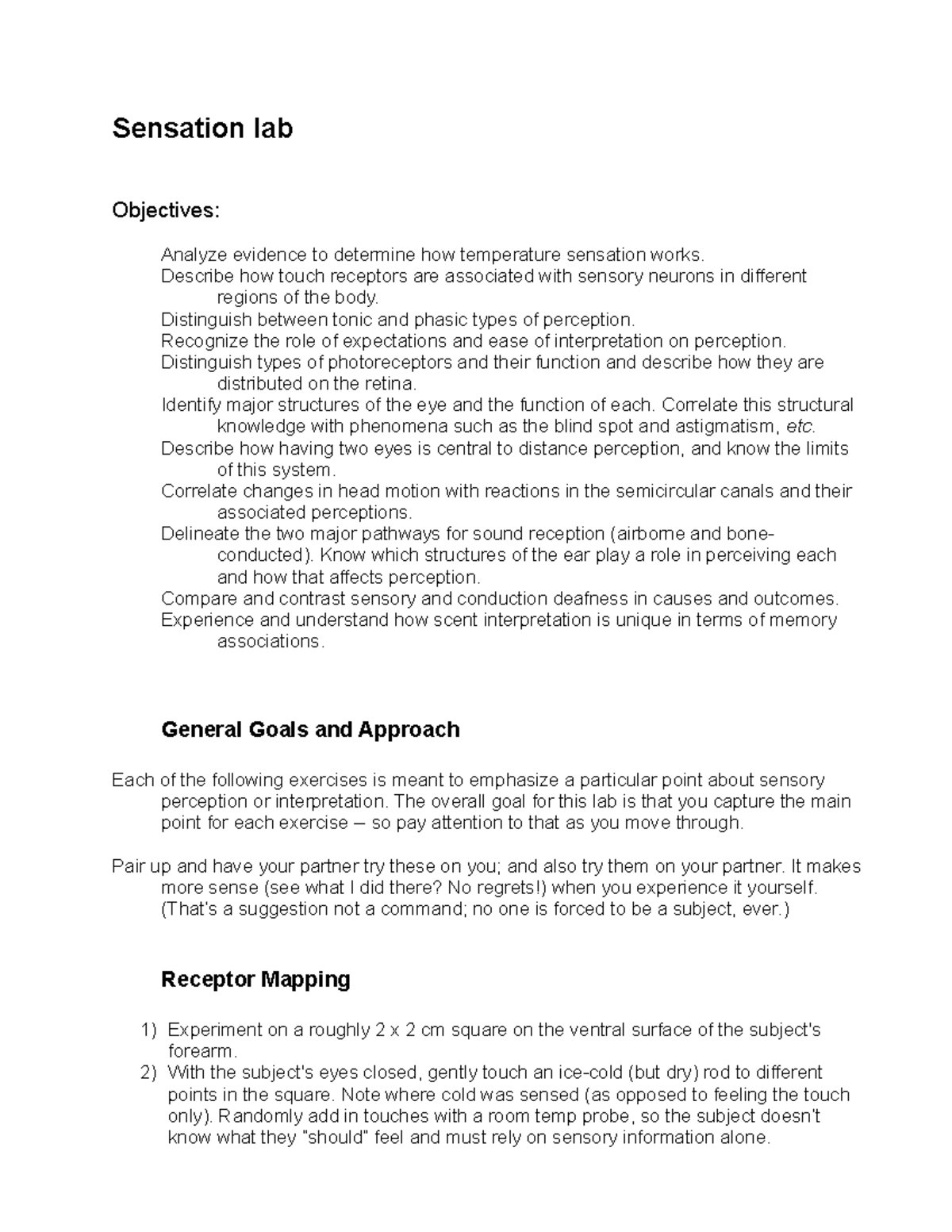 Sensation Lab - Lab example - Sensation lab Objectives: Analyze ...