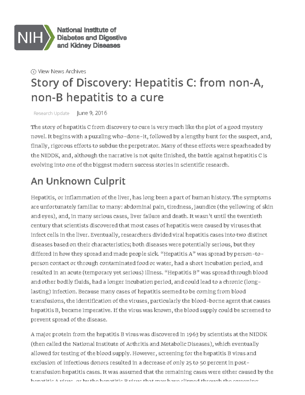 Story of Discovery Hepatitis C from non-A, non-B hepatitis to a cure Niddk - View News Archives ...