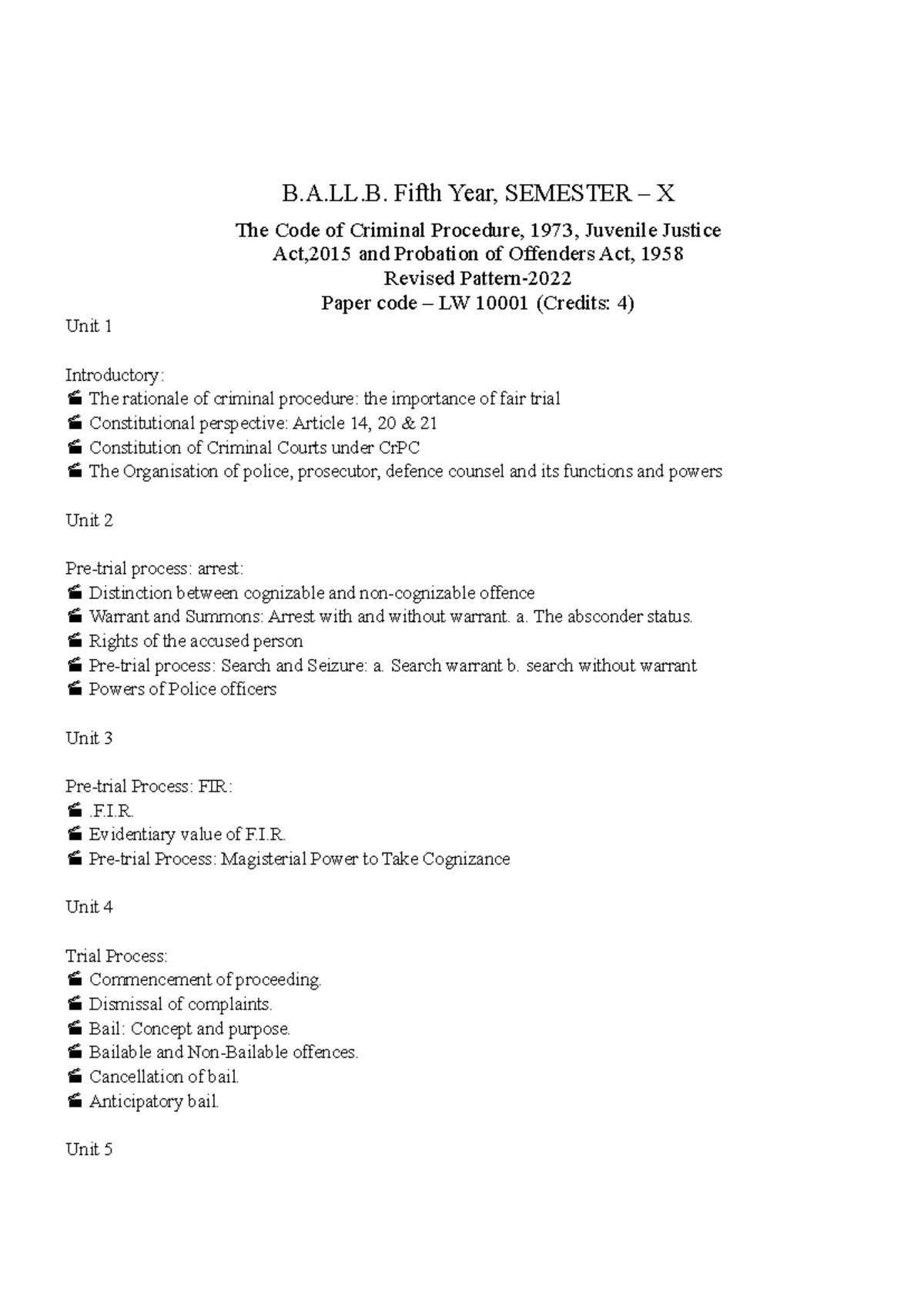 Semester 10 Syllabus Ballb - B.A.LL. Fifth Year, SEMESTER – X The Code of Criminal Procedure ...