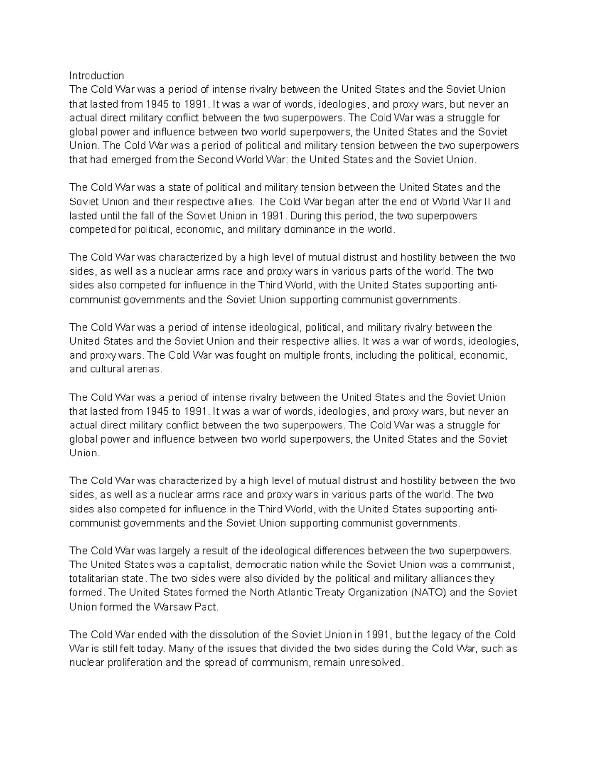 Cold War - Cold War..docx - Introduction The Cold War was a period of ...