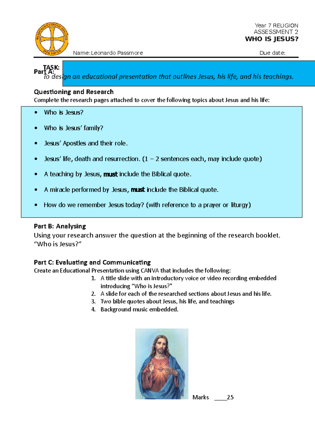 Who is Jesus assignment - Year 7 RELIGION ASSESSMENT 2 WHO IS JESUS ...