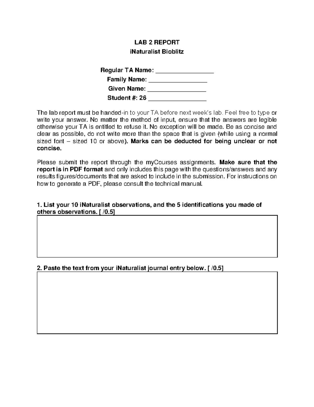 Lab 2 handout-2 - Lab Handout 2 - LAB 2 REPORT iNaturalist Bioblitz ...