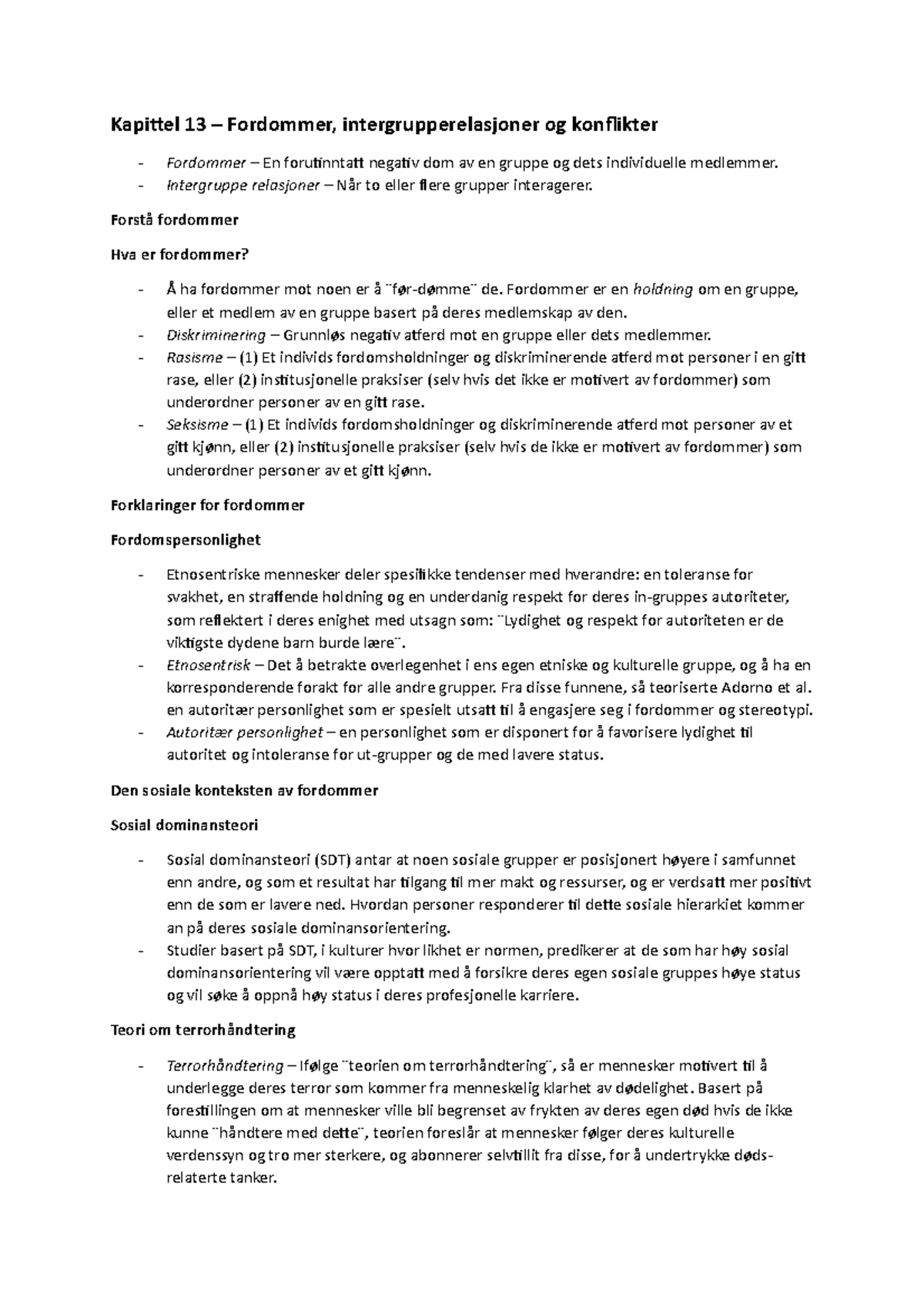 Kapittel 13 - Kapittel 13 – Fordommer, intergrupperelasjoner og konflikter Fordommer – En - Studocu