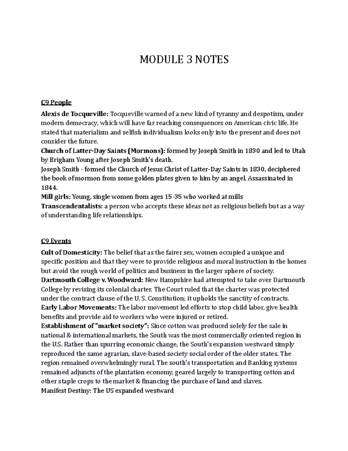 Apush Mod3 Notes - MODULE 3 NOTES C9 People Alexis de Tocqueville ...