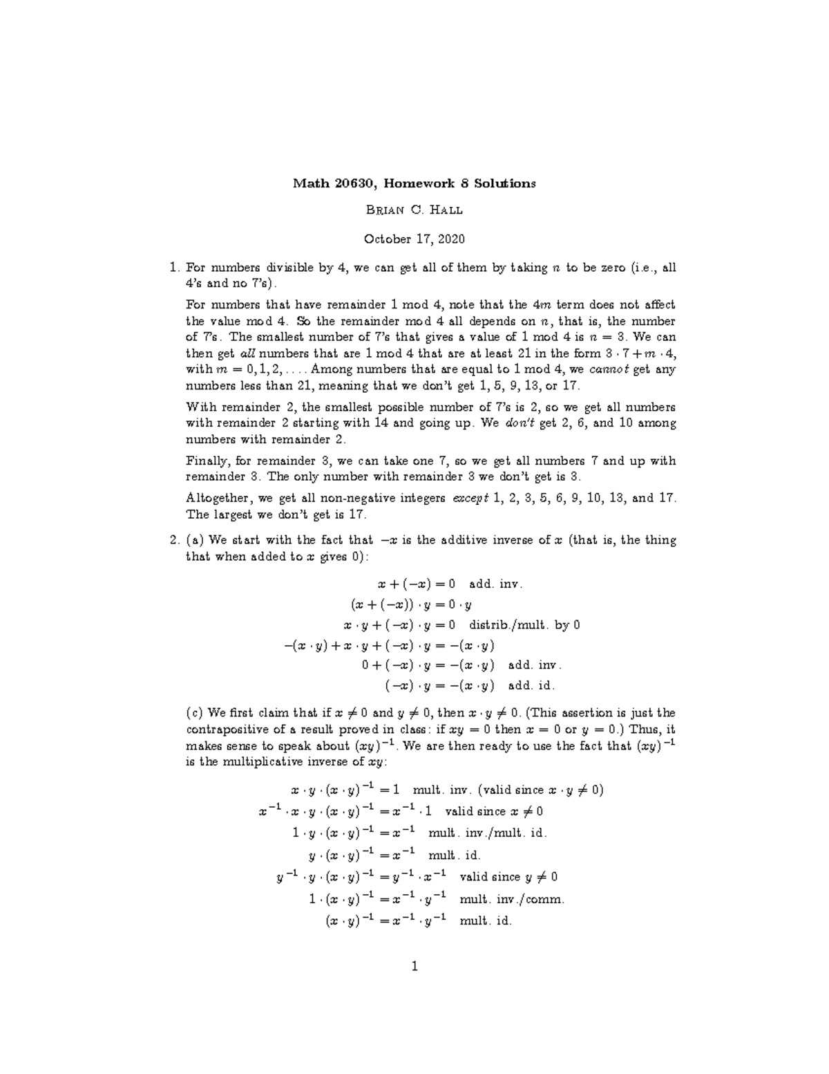 HW8soln - Brian C. Hall - Math 20630, Homework 8 Solutions Brian C ...